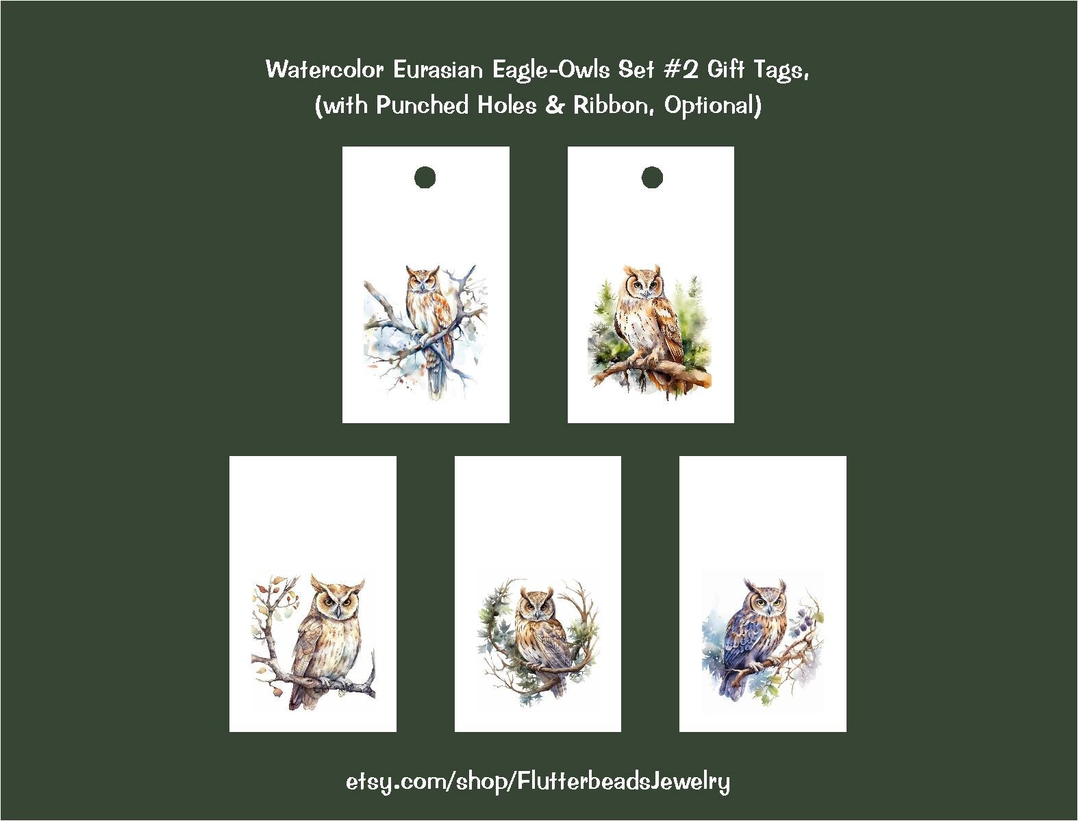 Watercolor Eurasian Eagle-owls Set #2 Gift Tags, 5 Different Watercolor ...
