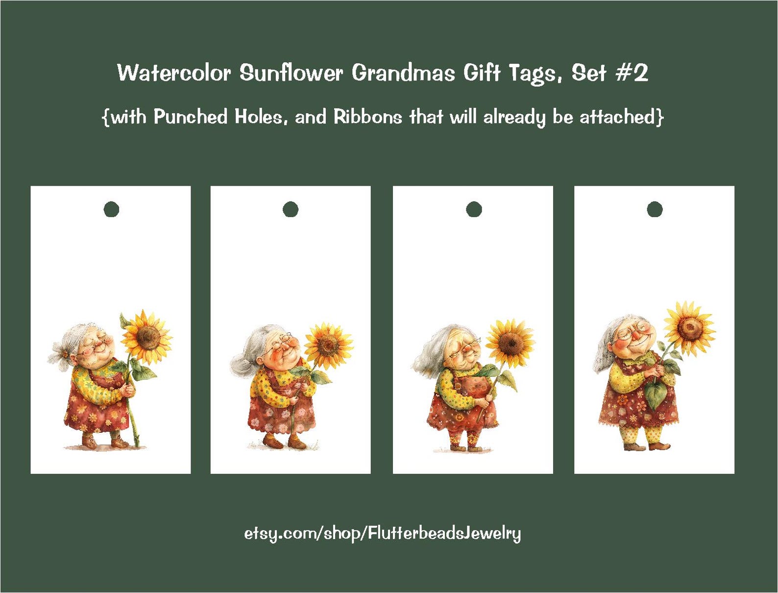 Watercolor Sunflower Grandmas Gift Tags Set #2, Four Watercolor ...