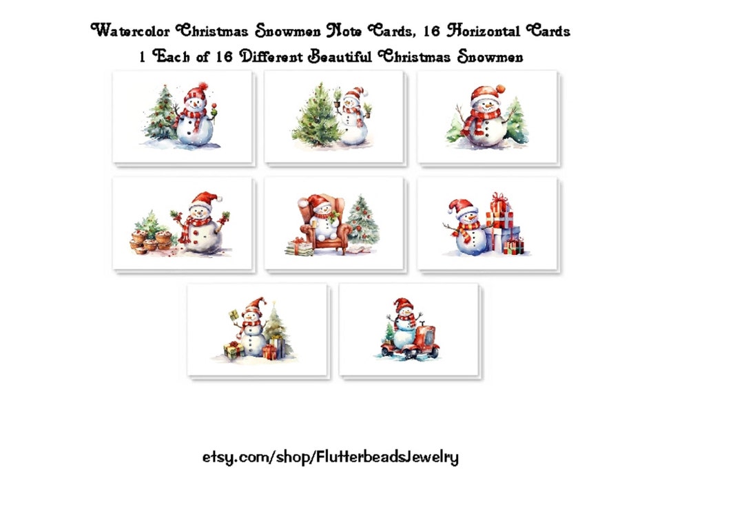 Watercolor Christmas Snowmen Note Cards & Gift Tags, 16 Snowmen, Flat ...