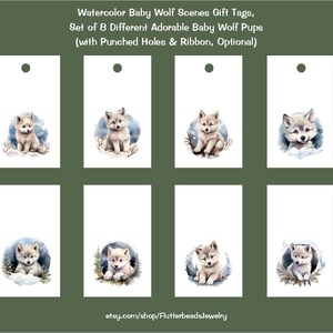 Watercolor Baby Wolf Scenes Gift Tags, 8 Different Watercolor Wolf Pups ...