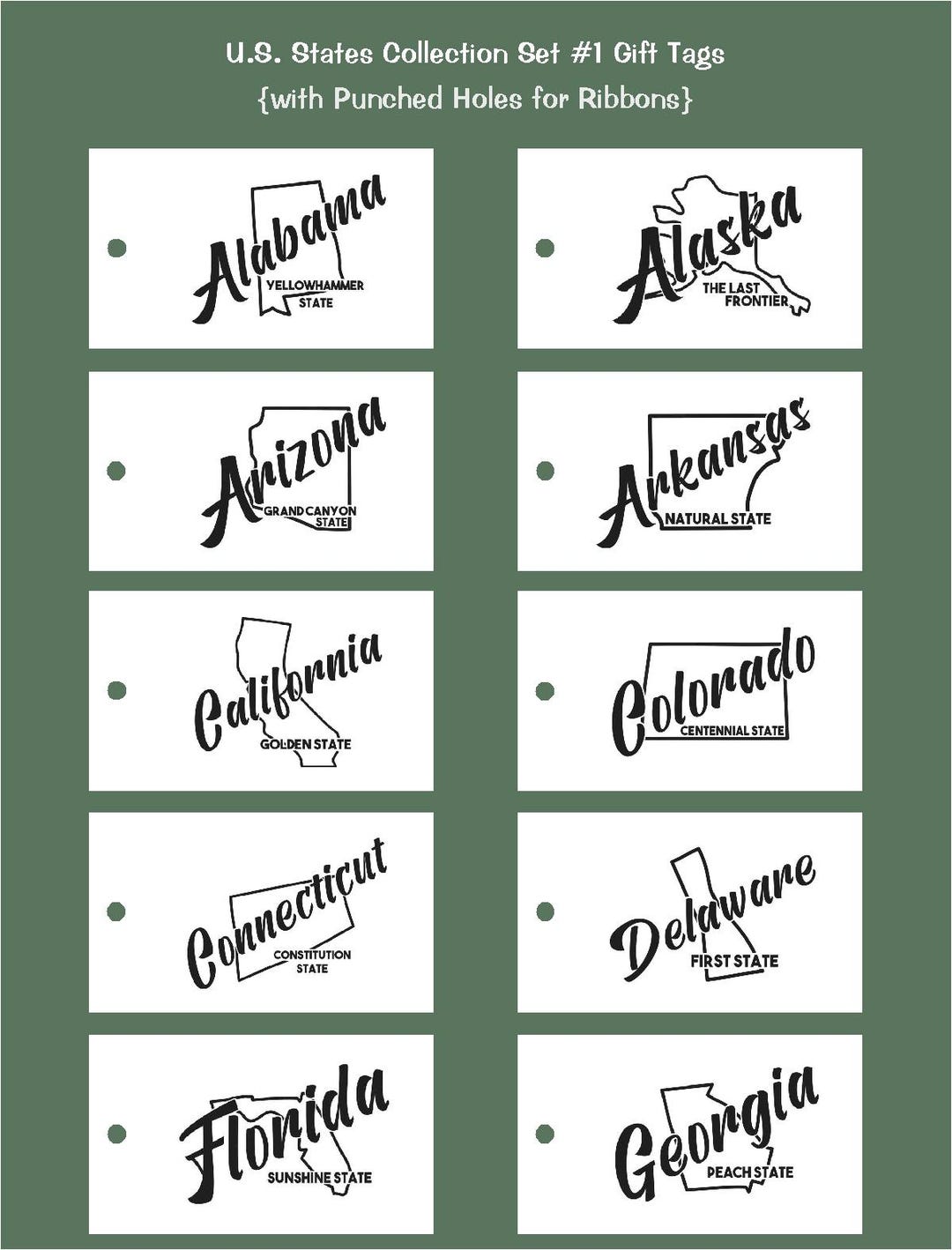 U. S. States Collection Gift Tags Set #1, Choose One State or All 50 ...