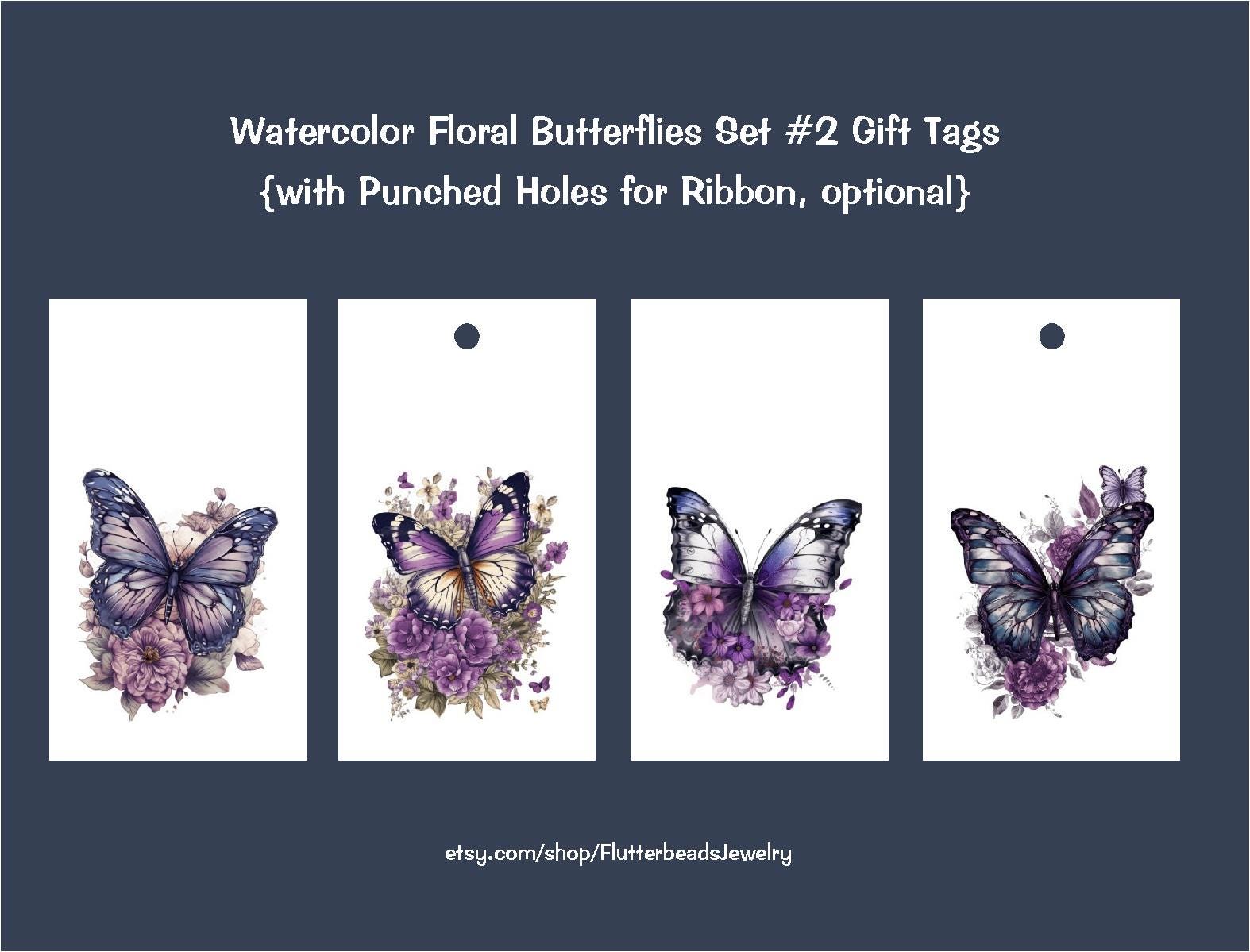 Watercolor Floral Butterflies Set #2 Gift Tags, Four Watercolor Purple ...
