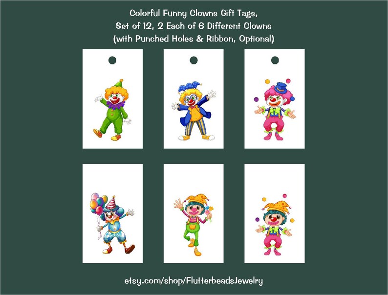 Colorful Funny Clowns Gift Tags, 6 Different Colorful Clowns, Birthdays ...