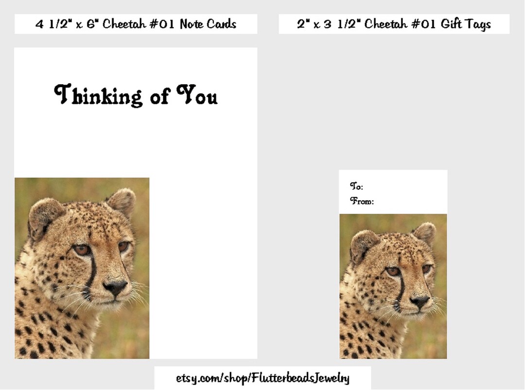 Cheetah Cat Set 01 Flat Note Cards, Gift Tags, 4x5 Prints, Birthdays ...