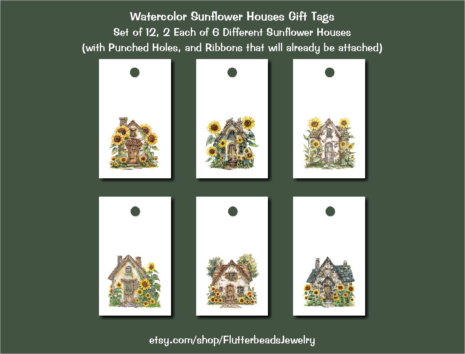 Watercolor Sunflower Houses Gift Tags, Six Different Sunflower Houses ...