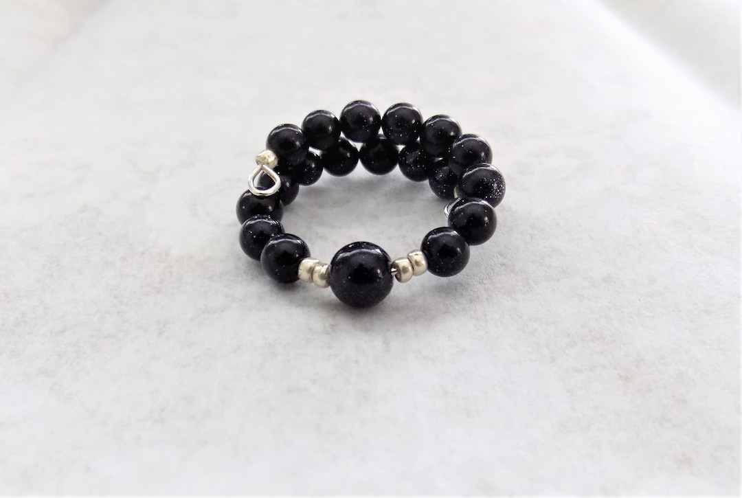 Midnight Blue Goldstone Glass Ring, Memory Wire Wrapped Ring, Fits ...