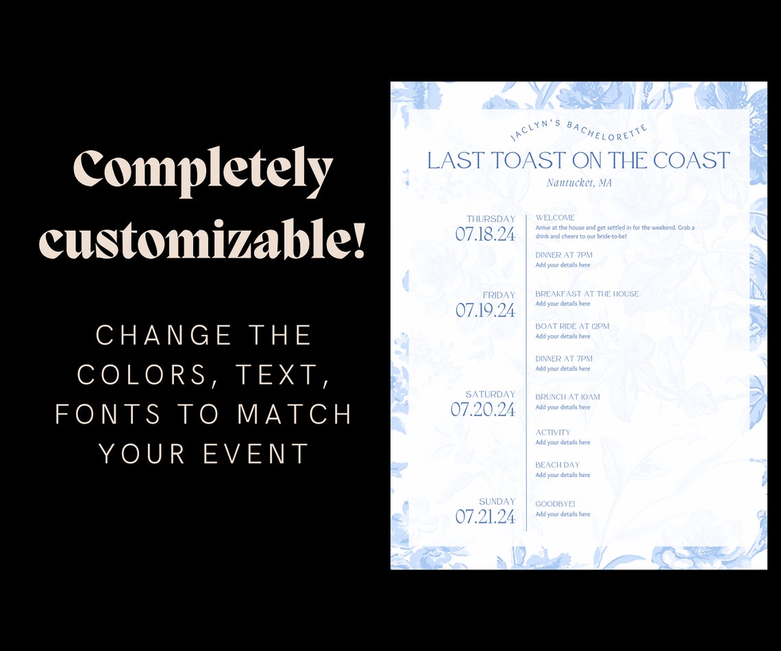 Customizable Last Toast on the Coast Bachelorette Itinerary Download ...