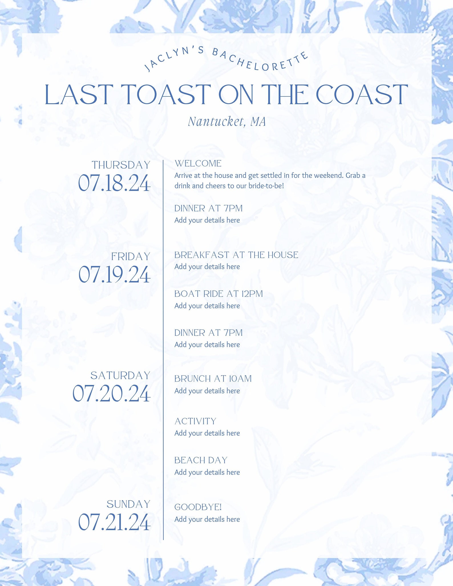Customizable Last Toast on the Coast Bachelorette Itinerary Download ...