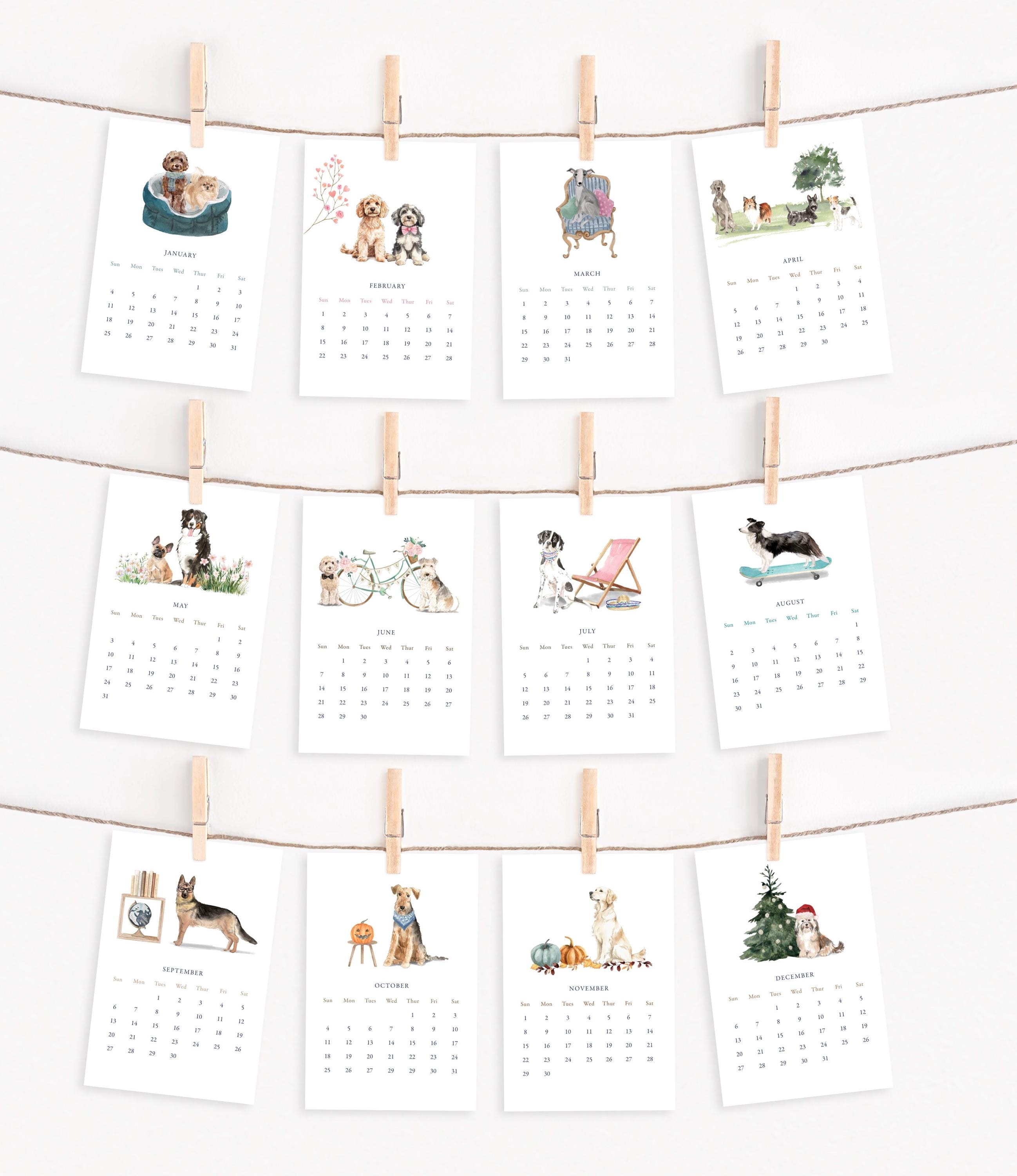 2026 Dog Desk Calendar: Watercolor Seasonal Illustrations, Gold Stand ...