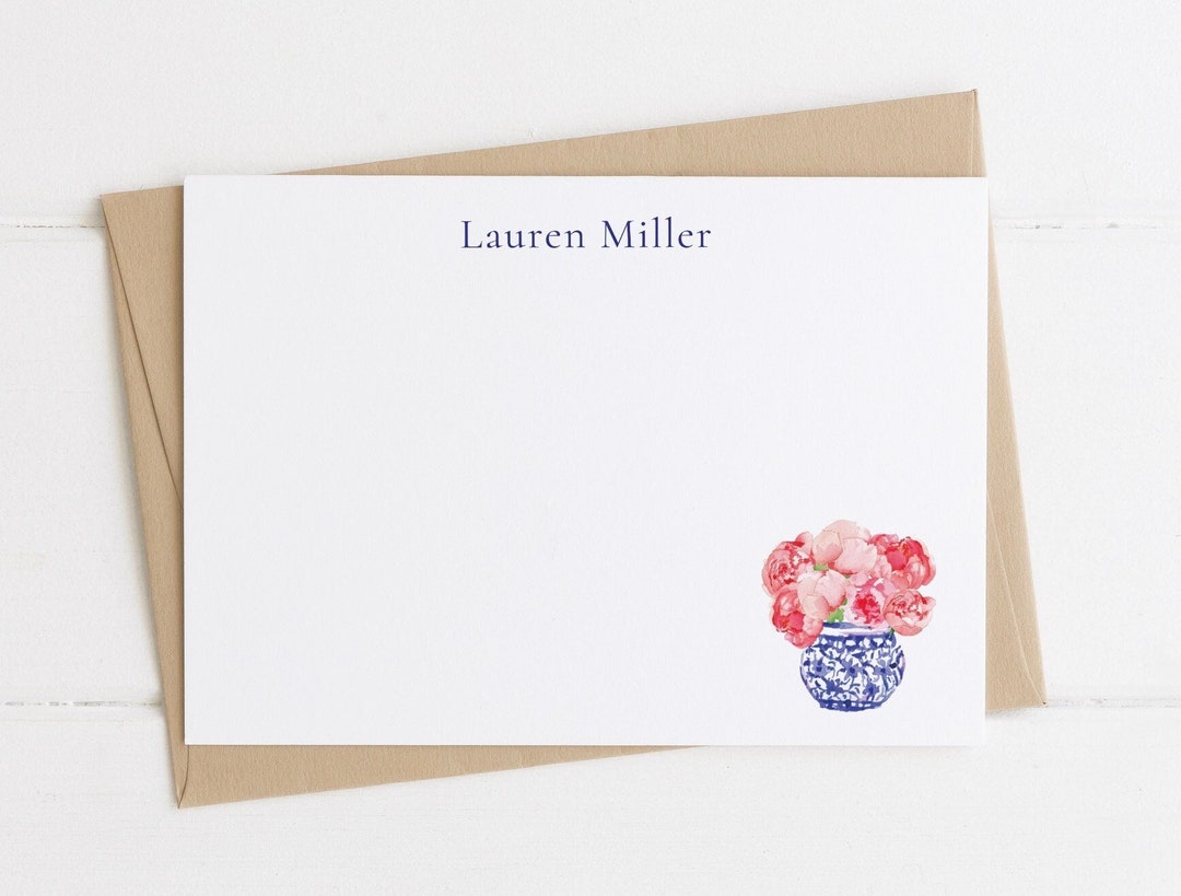 Peony Note Cards, Personalized Note Cards, Chinoiserie Note Card, Pink ...