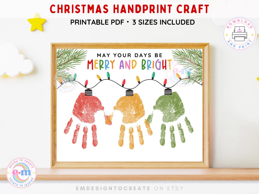 Christmas Lights Handprint Craft, Merry and Bright Handprint Art, Xmas ...