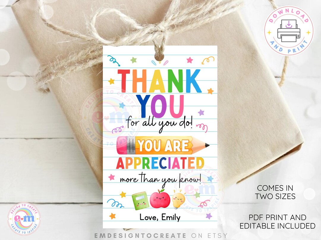 Editable Teacher Appreciation Week Gift Tag, Printable Thank You ...
