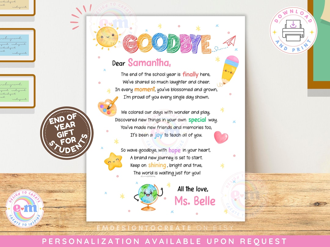 End of School Year Poem From Teacher, Printable End of Year Poem ...