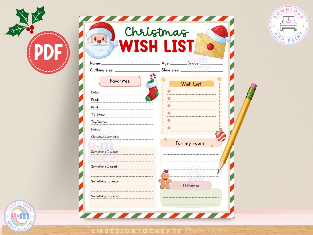 Christmas Wish List Printable, Kids Gift & Favorites List, Children's ...