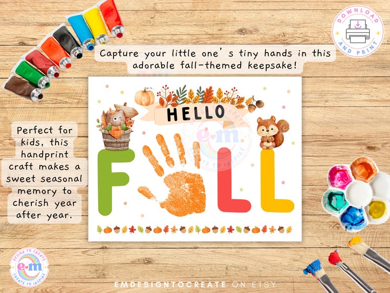 Fall Handprint Craft, Printable Hello Fall Handprint Art Template, Fall ...
