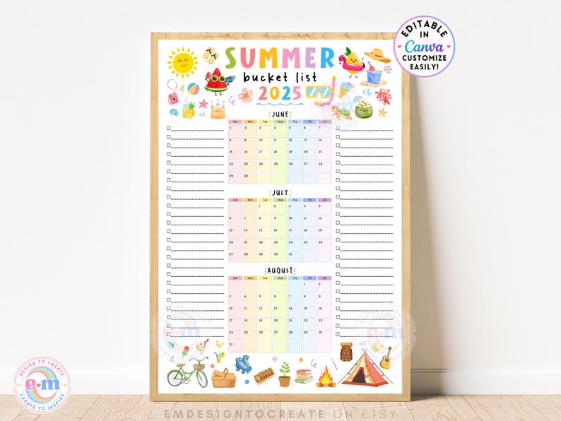 Summer Calendar Poster, PRINTABLE Summer Fun Bucket List Family Planner ...