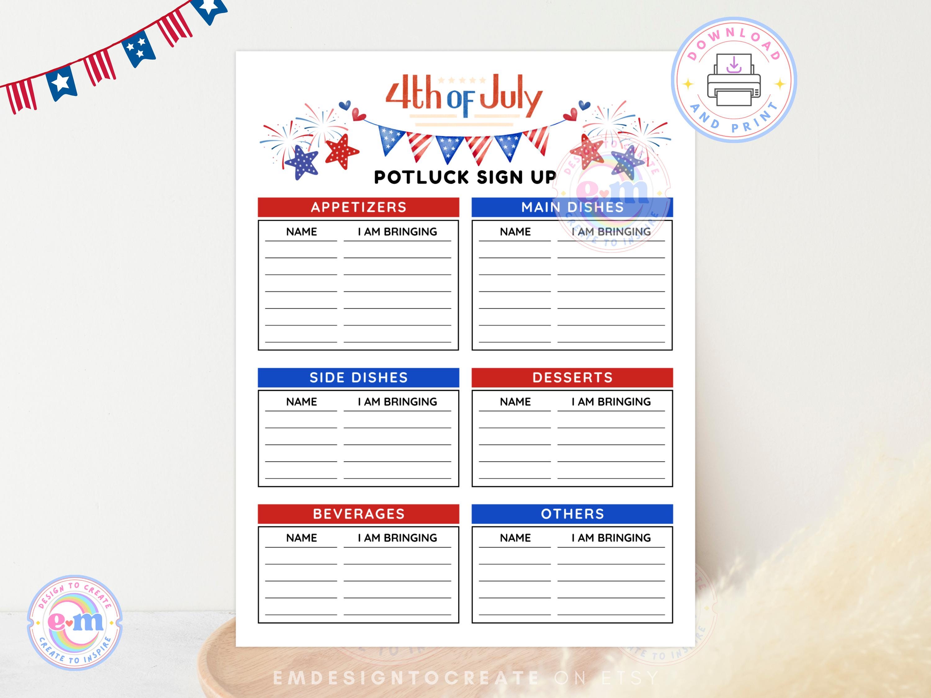 4th of July Potluck Sign up Sheet, PRINTABLE July 4th Sign up Form ...