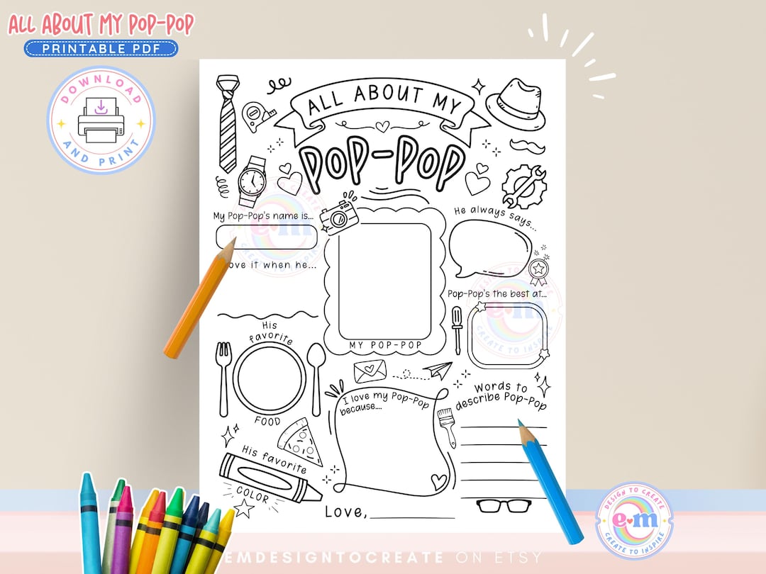 All About My Pop Pop PRINTABLE, Father's Day Activity for Kids, Pop Pop ...