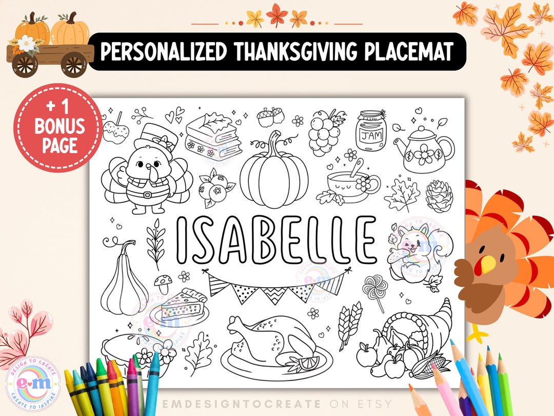 Personalized Thanksgiving Coloring Placemat for Kids, Printable Name ...