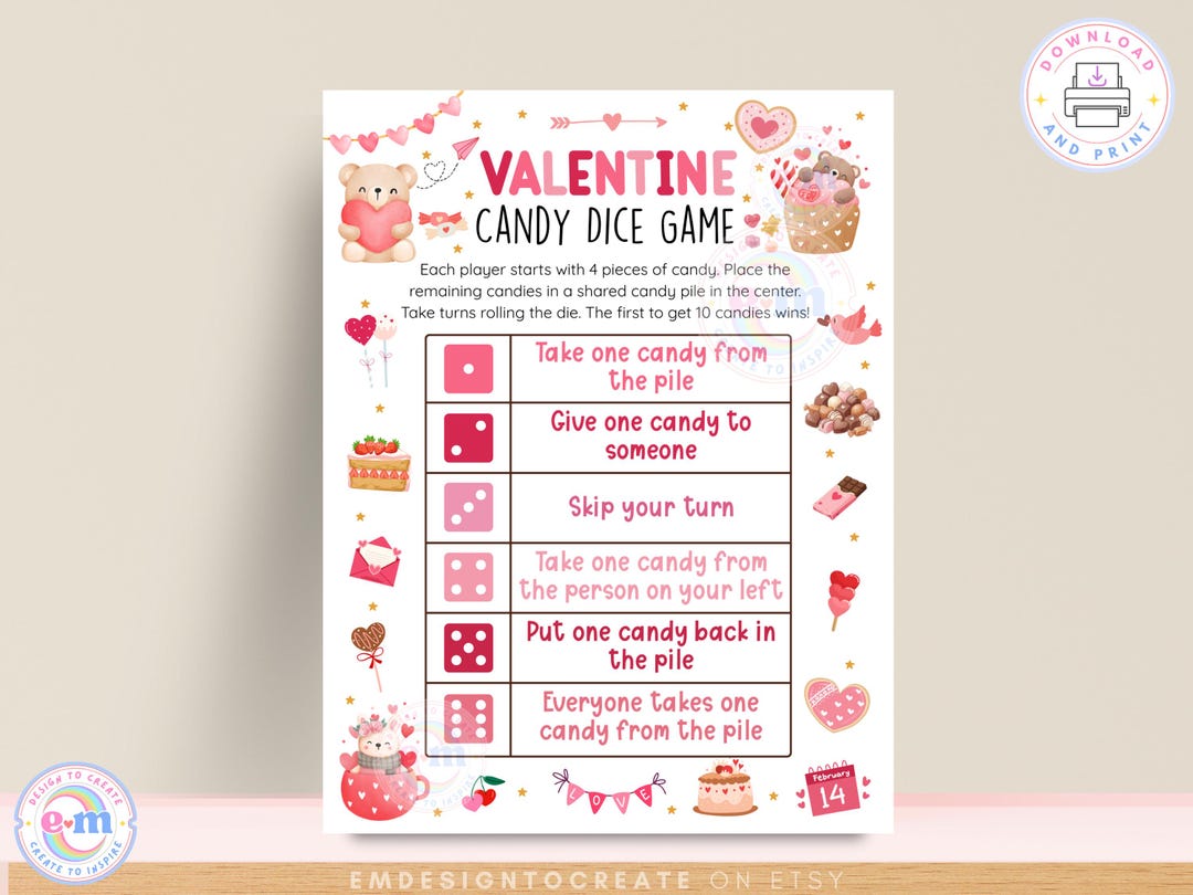 Valentine's Day Candy Dice Game, Printable Valentines Party Games for ...