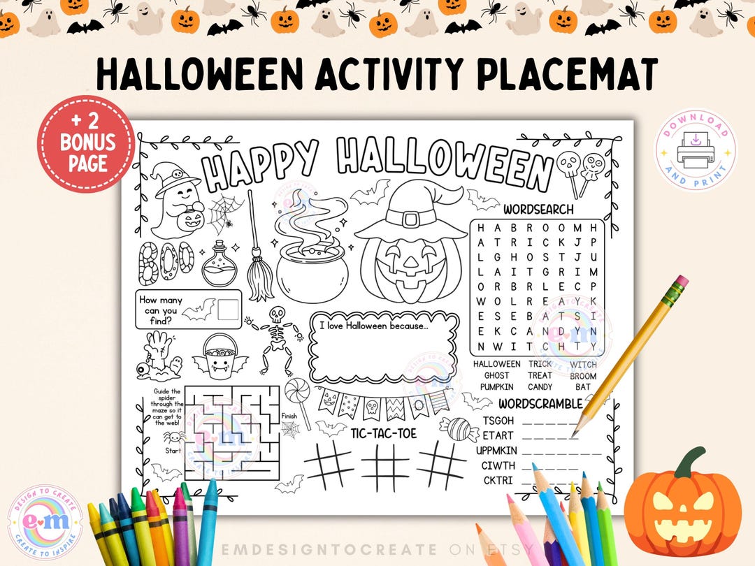 Halloween Activity Placemat for Kids Printable: Fun Halloween Games ...