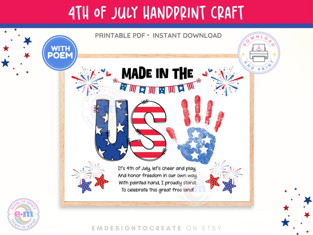 4th of July Handprint Craft Art for Kids, PRINTABLE Made in the USA ...