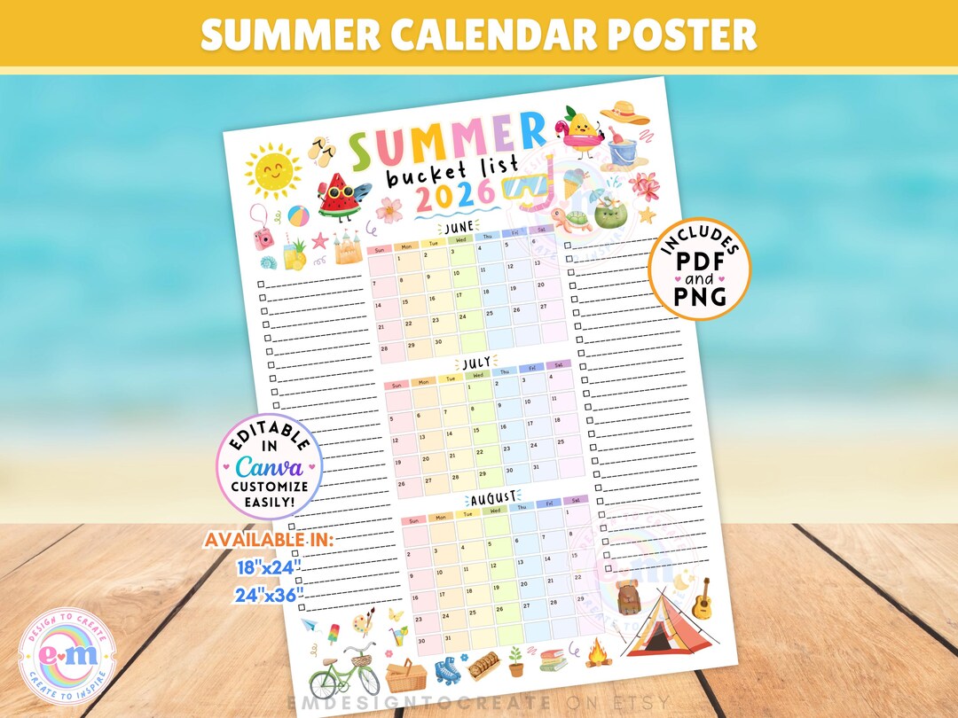 2026 Editable Summer Calendar Poster, Printable Summer Bucket List ...