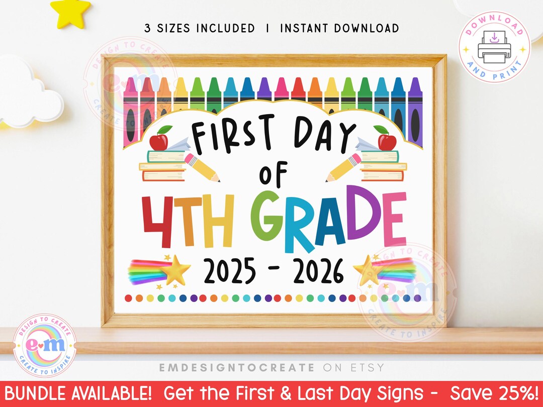 First Day of 4th Grade Sign, PRINTABLE First Day of School Sign, Back ...