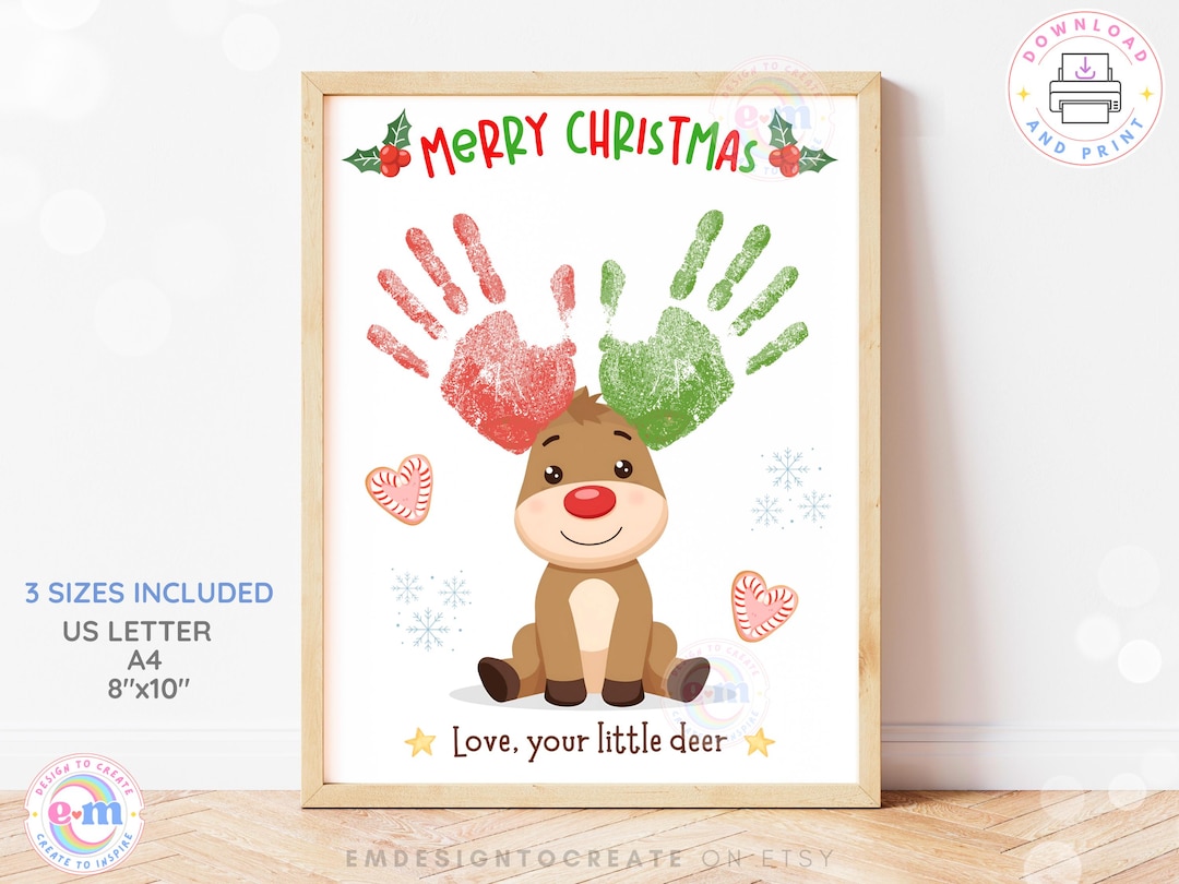 Reindeer Christmas Handprint Art, Printable Christmas Handprint Craft ...