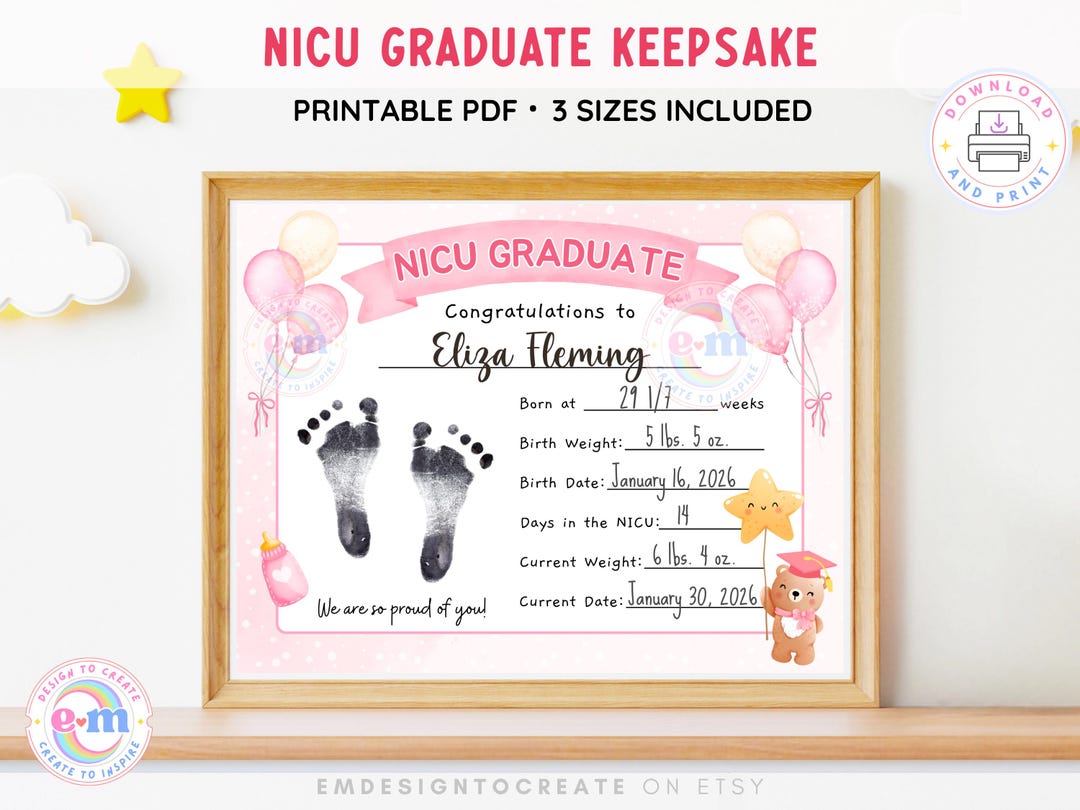 NICU Graduate Sign Keepsake Printable, NICU Baby Girl Footprint Craft ...