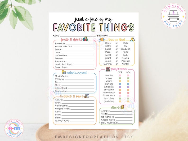 My Favorite Things Survey Questionnaire, PRINTABLE Employee Favorites ...