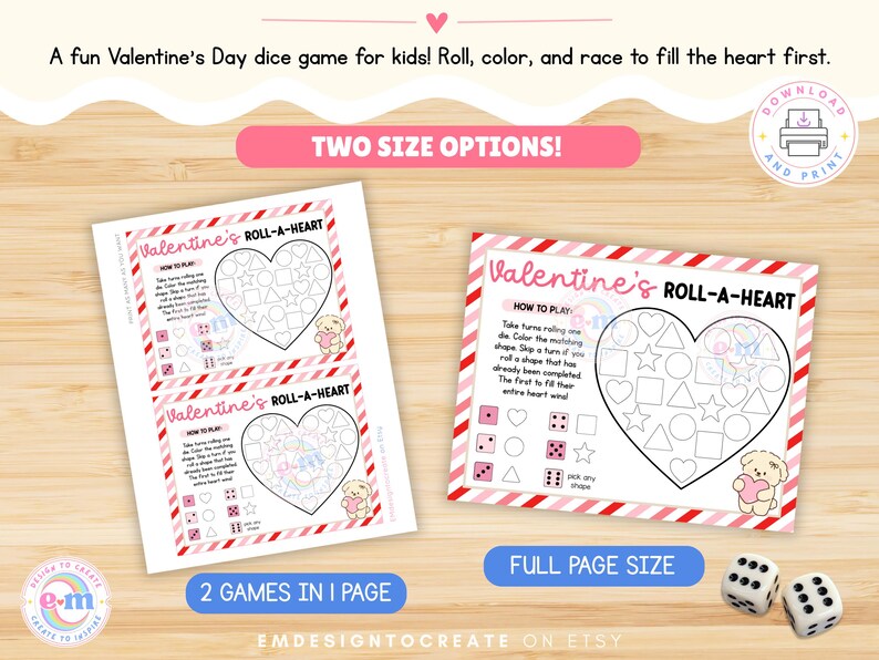 Valentine Roll a Heart Game: Printable Dice Game for Kids, Classroom ...