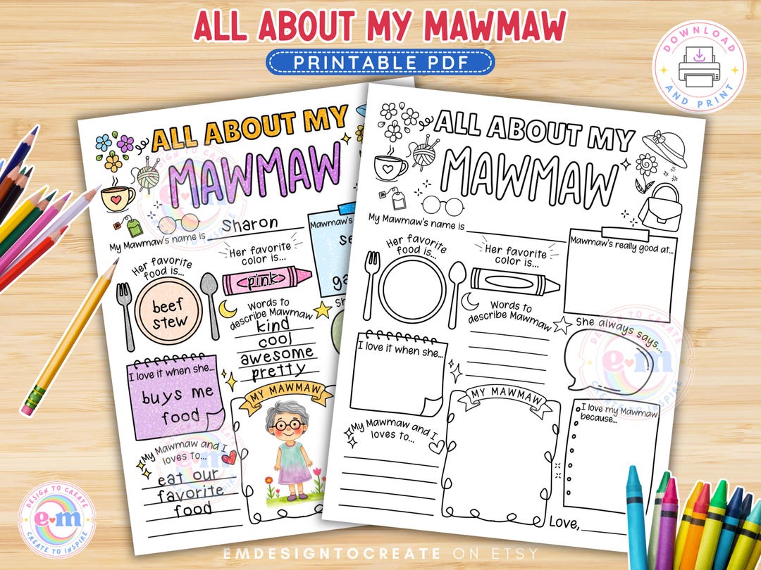 All About My Mawmaw PRINTABLE, Mawmaw Questionnaire, Coloring Page ...