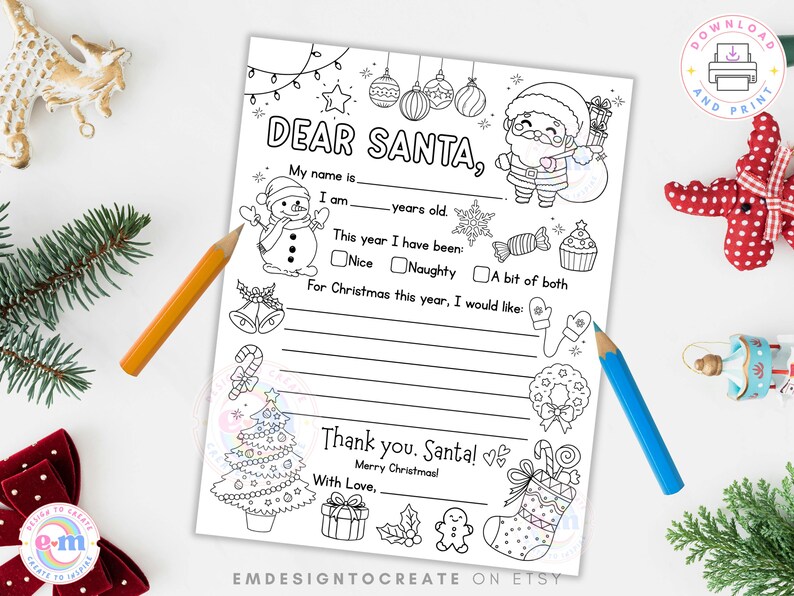 Letter to Santa Coloring Page for Kids, Printable Christmas Wish List ...