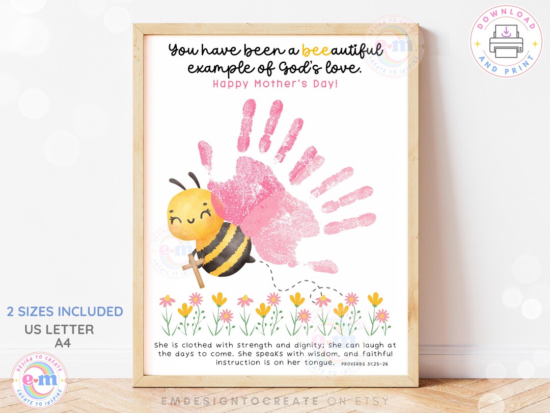 Mother's Day Bible Handprint Art Printable, Bee Handprint Christian ...