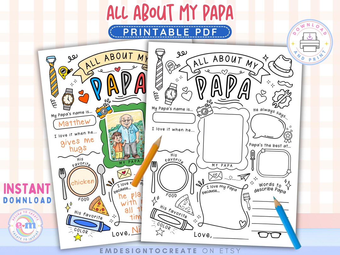 All About My Papa PRINTABLE, Father's Day Activity for Kids, Papa ...