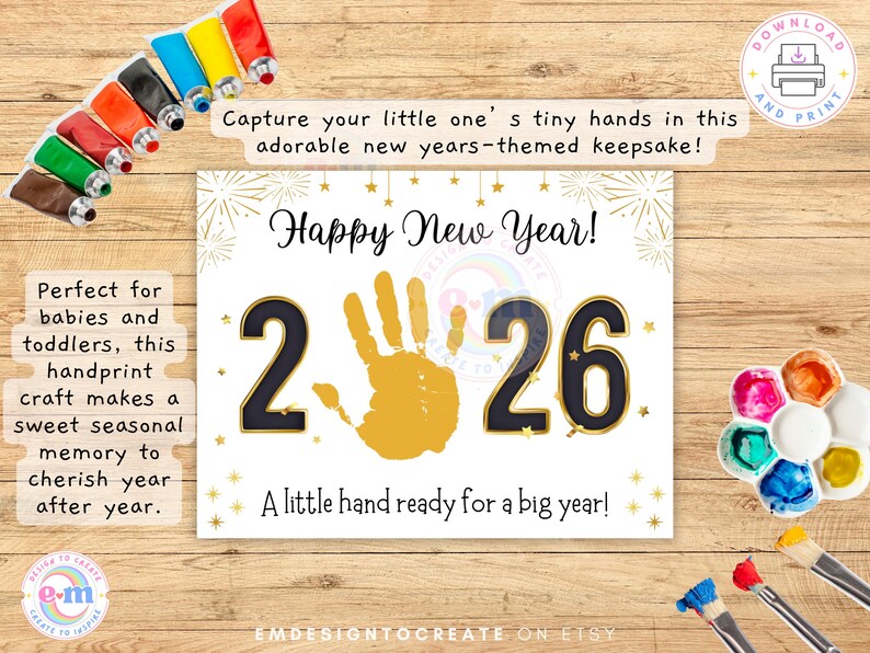 New Year 2026 Handprint Art, Printable Handprint Craft Activity for ...
