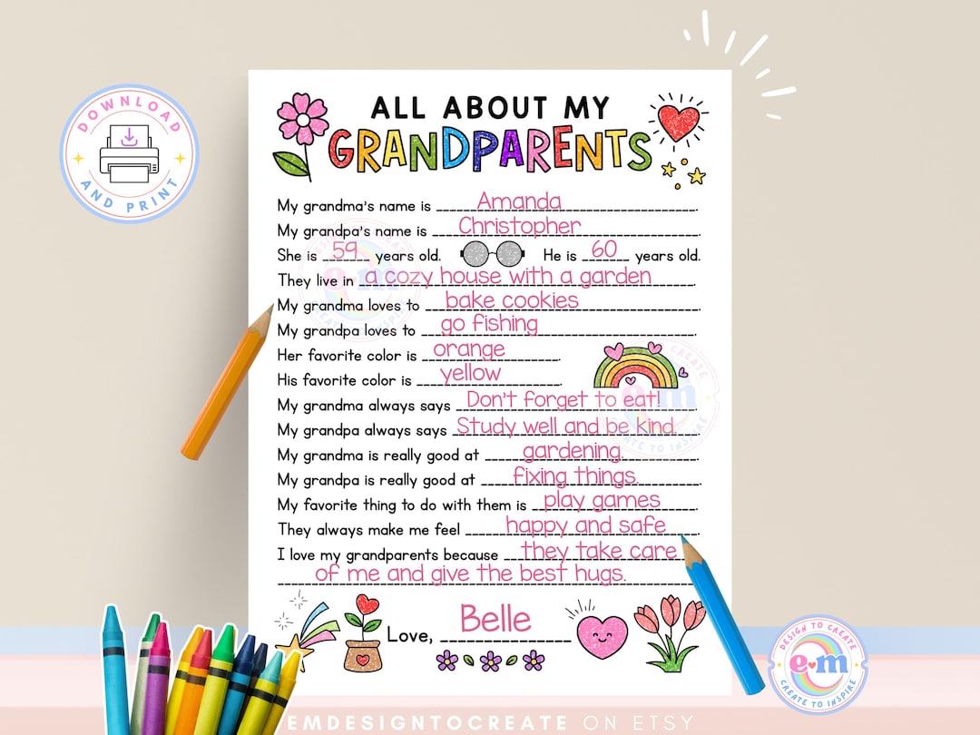All About My Grandparents PRINTABLE, Grandparents Day Questionnaire for ...