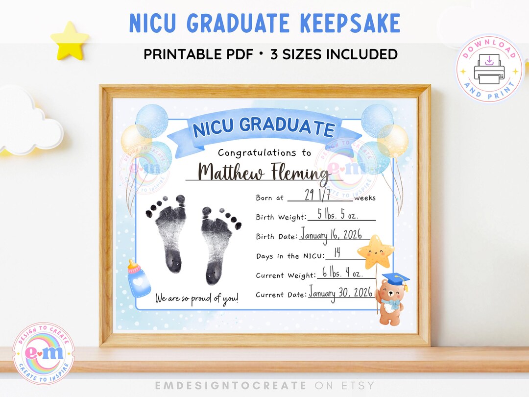 NICU Graduate Sign Keepsake Printable, NICU Baby Boy Footprint Craft ...