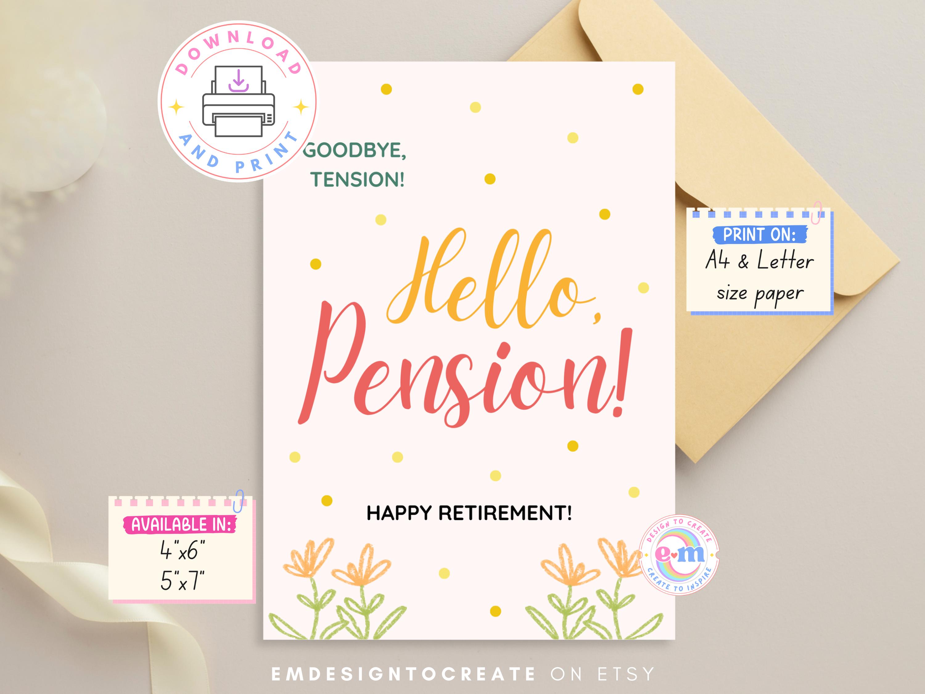 Printable Retirement Card, Goodbye Tension Hello Pension, Happy ...