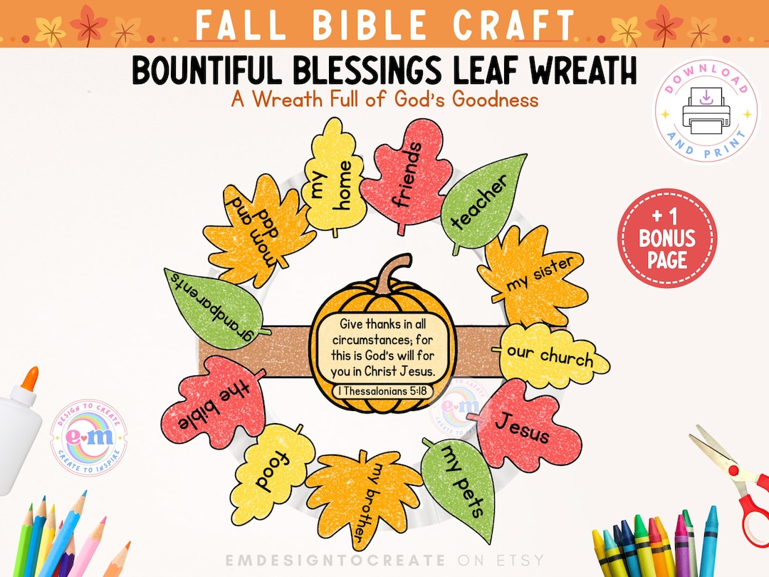 Fall Bible Craft for Kids, PRINTABLE Fall Leaf Wreath Craft, Christian ...