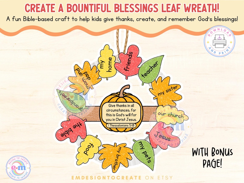 Fall Bible Craft for Kids, PRINTABLE Fall Leaf Wreath Craft, Christian ...