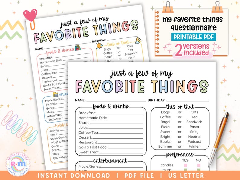 My Favorite Things Survey Questionnaire, PRINTABLE Employee Favorites ...