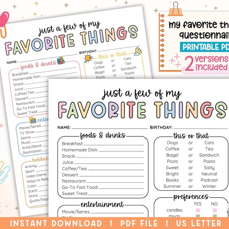 Work Birthday Questionnaire Favorite Things List, Questionnaire for ...