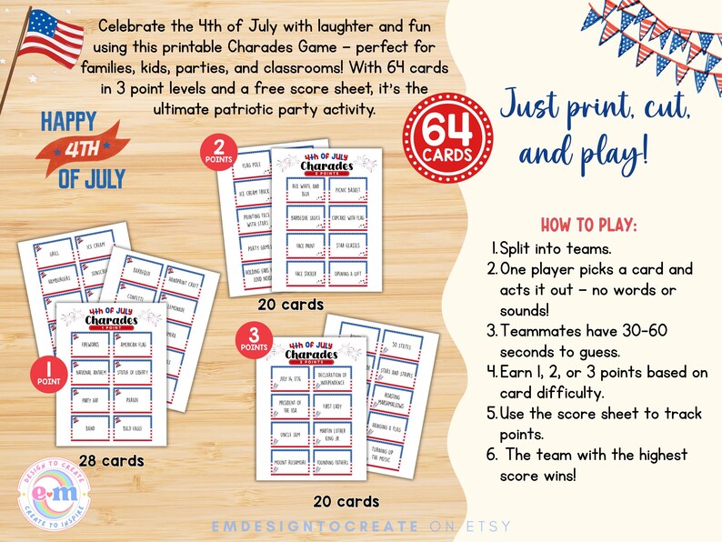 4th of July Charades, Fourth of July PRINTABLE Game Cards, Independence ...