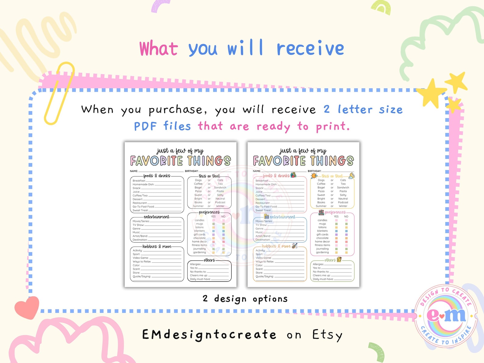 My Favorite Things Survey Questionnaire, PRINTABLE Employee Favorites ...