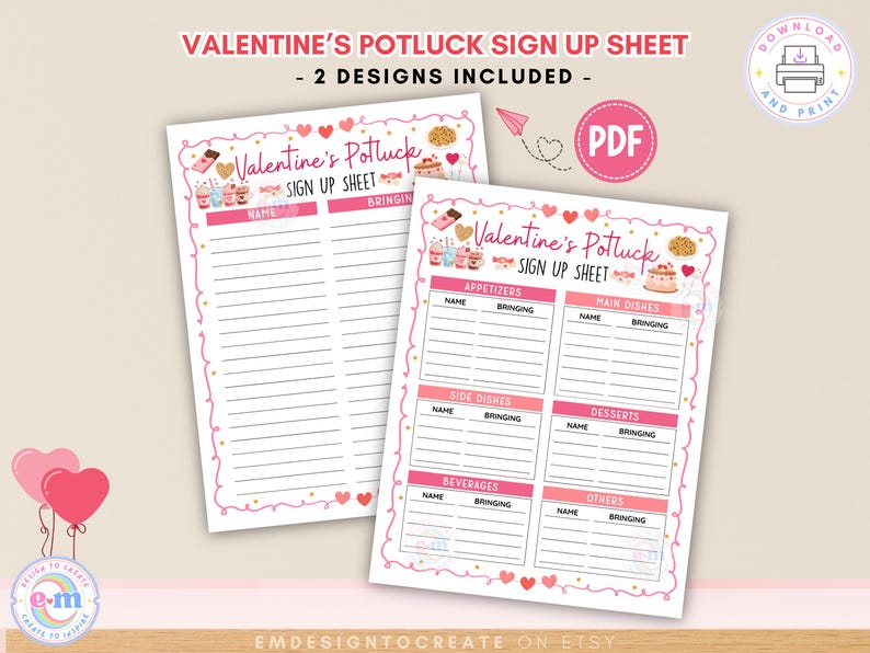 Valentine’s Day Potluck Sign up Sheet Printable | Potluck Signup Form ...