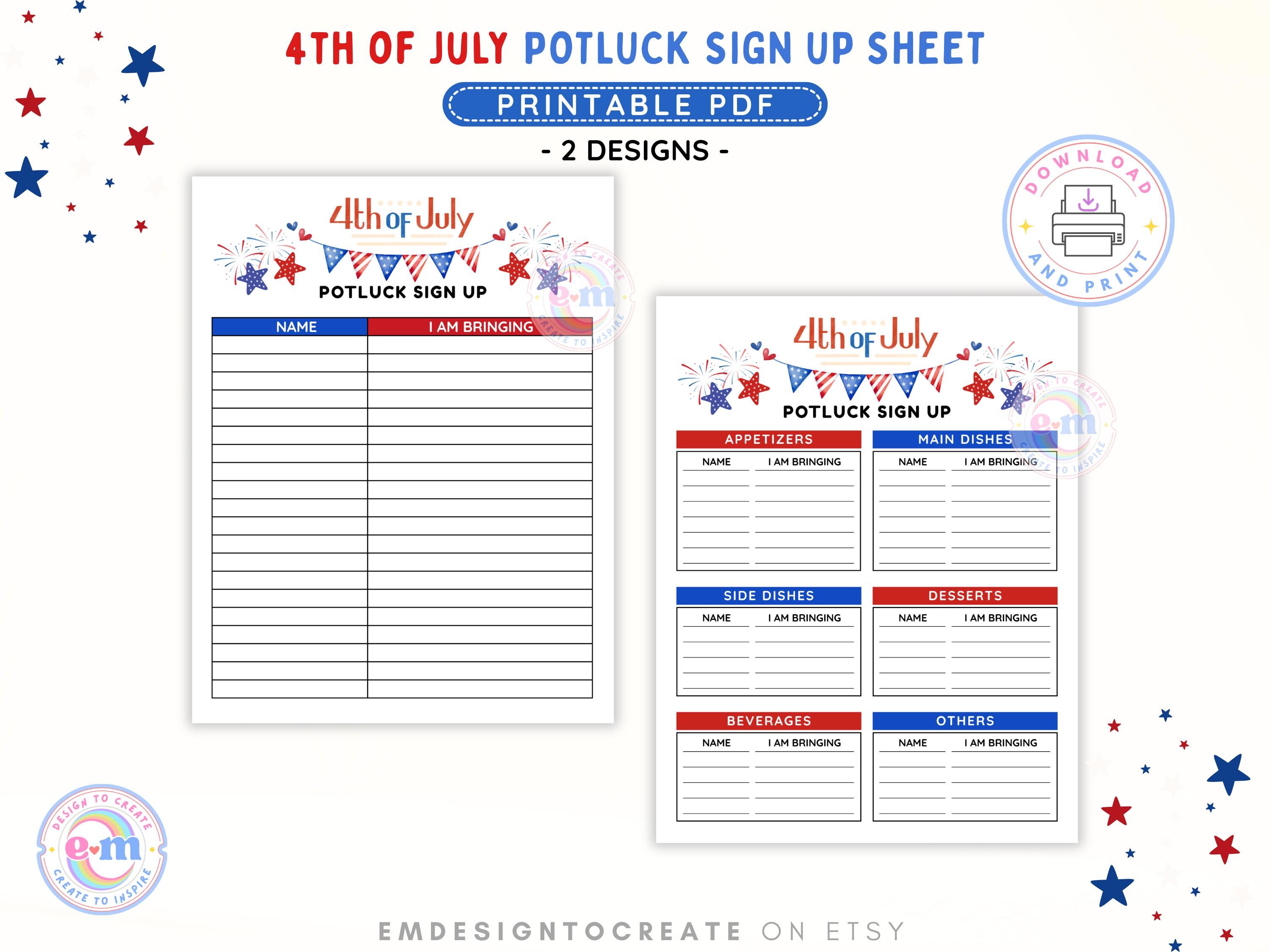 4th of July Potluck Sign up Sheet, PRINTABLE July 4th Sign up Form ...