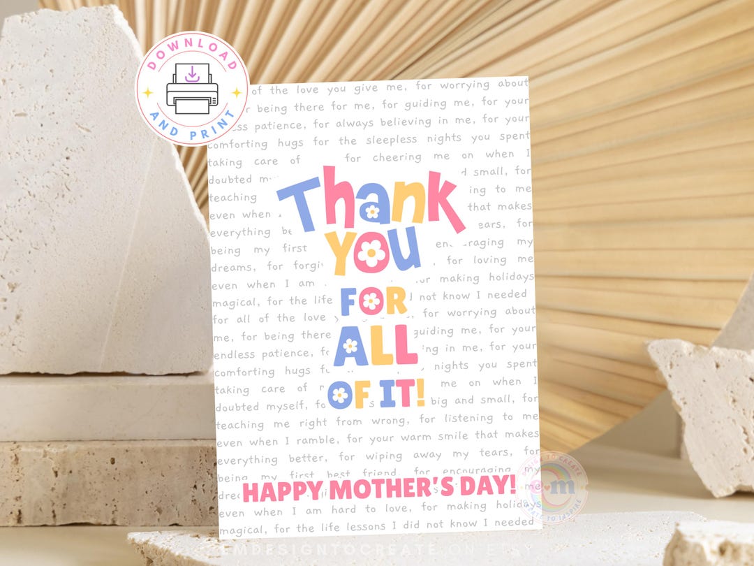 Thank You Mom Card, PRINTABLE Mother's Day Card, Happy Mother's Day ...