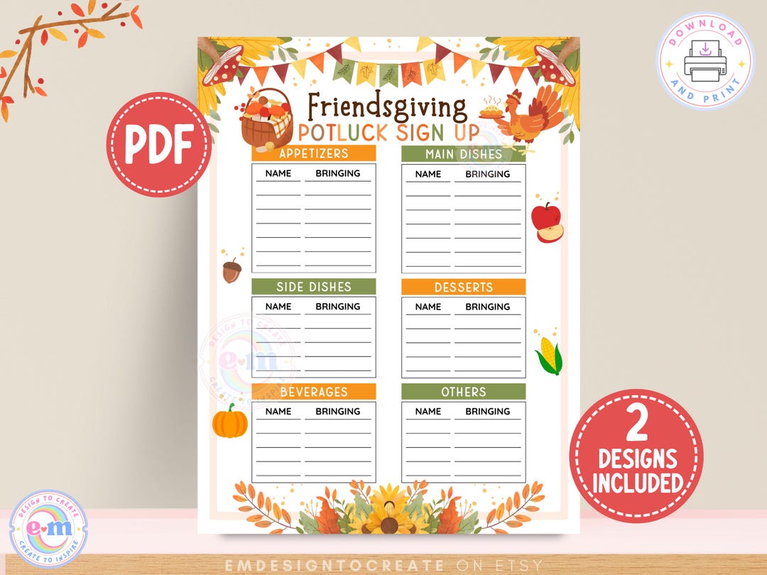 Friendsgiving Potluck Sign up Sheet Printable, Friendsgiving Dinner ...
